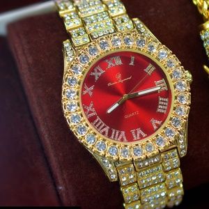 Accessories | Full Iced Out Red Face Dial Mens Luxury Watch | Poshmark